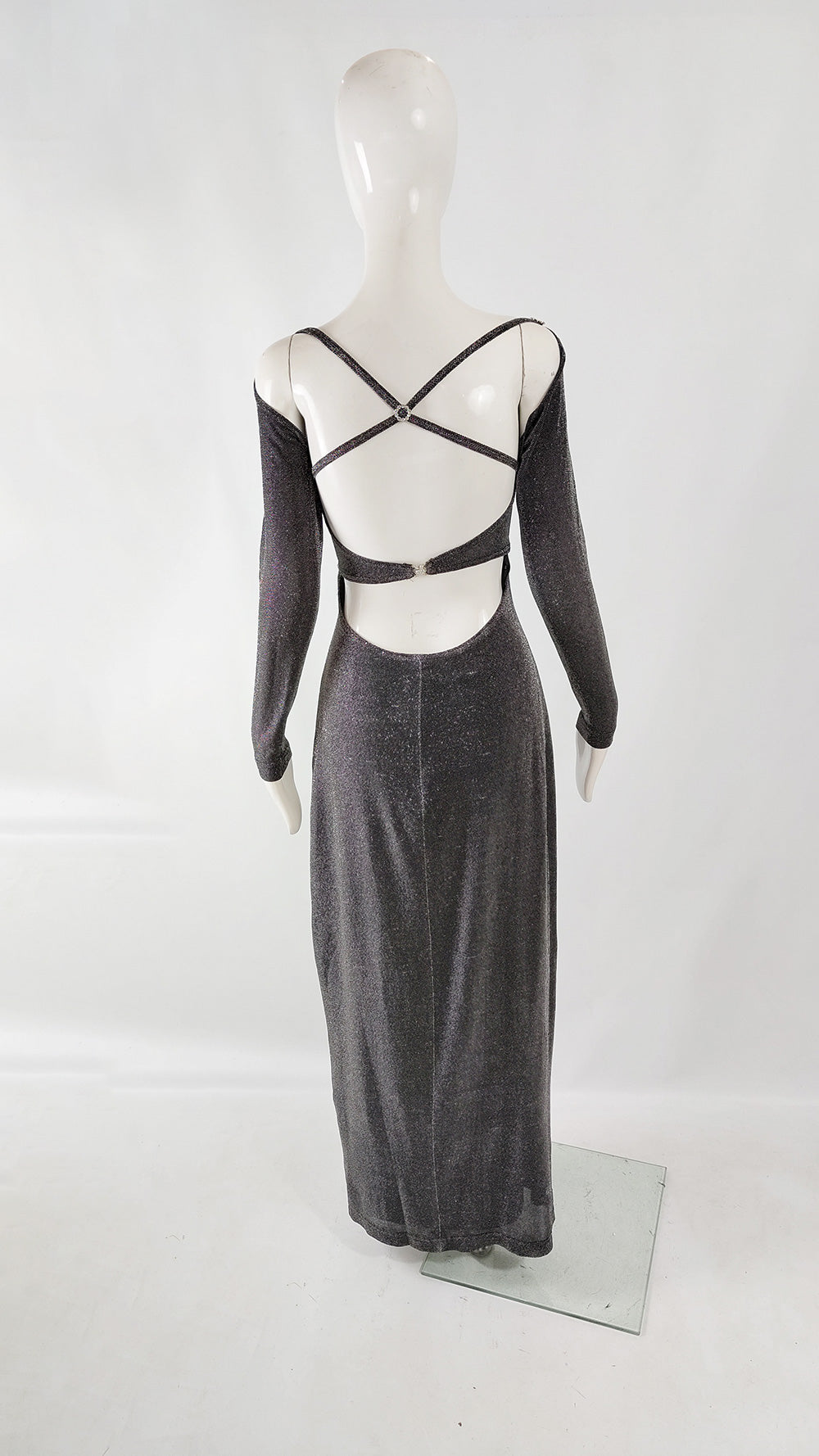 Tadashi Shoji Vintage Silver Lurex Cut Out Evening Dress 1990s Zeus